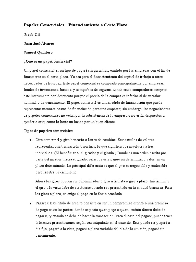 Tipos y características de papeles comerciales | PDF | Bancos | Deuda