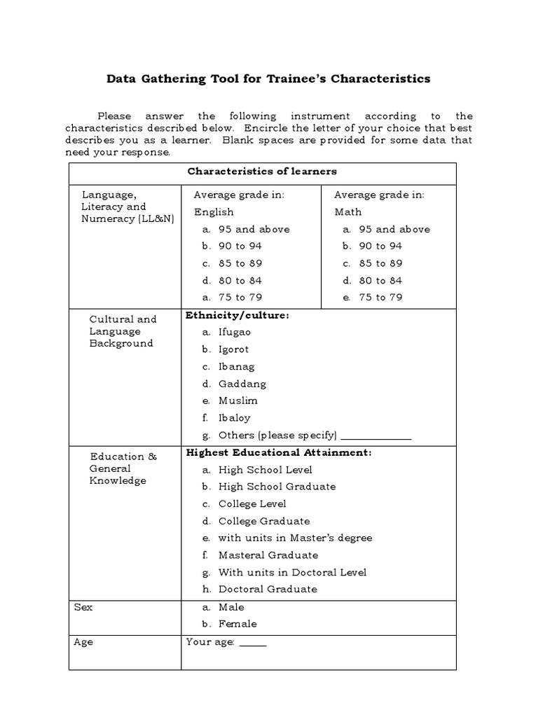 Data Gathering Tool For Trainees' Characteristics | PDF | Learning ...