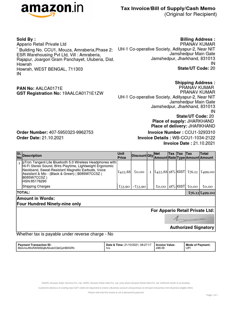 Tax Invoice/Bill of Supply/Cash Memo: (Original For Recipient) | PDF ...