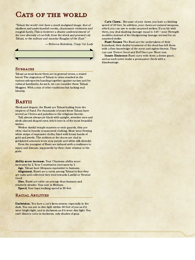 Cats of The World - The Homebrewery | PDF | Cats | Elf (Dungeons & Dragons)