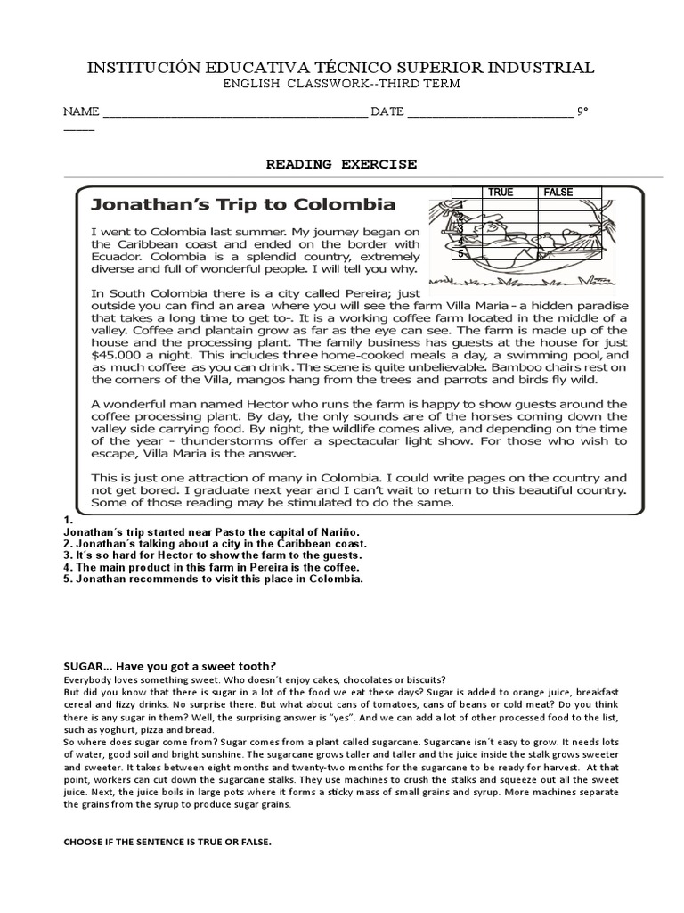 Institución Educativa Técnico Superior Industrial: Reading Exercise ...