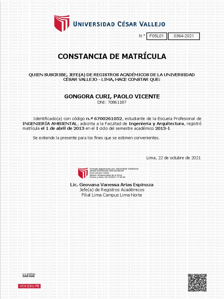 Constancia de Primera Matricula | PDF