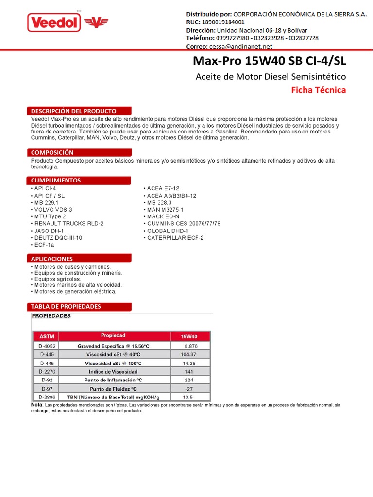 Max-Pro 15W40 SB Cl-4SL | PDF | Combustión | Dióxido de carbono