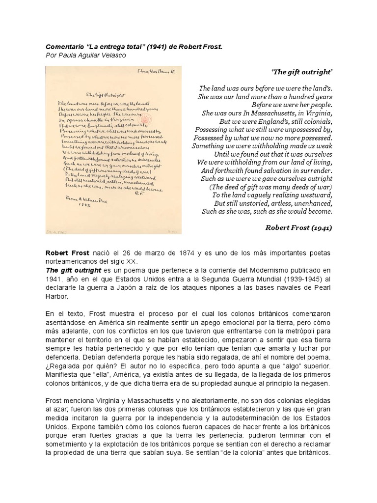 Práctica The Gift Outright de Robert Frost. Paula Aguilar Velasco | PDF