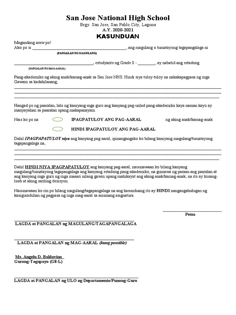Kasunduan (New Format and Content) 2020-2021 | PDF