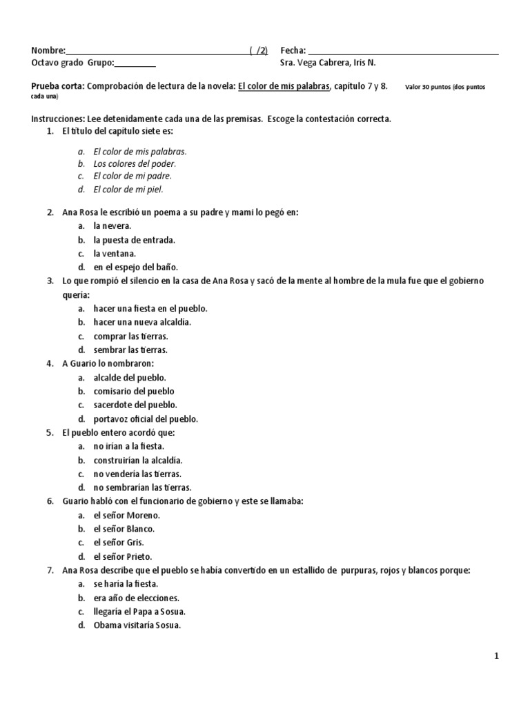 Comprobacion de Lectura Capitulo 7 y 8 El Color de Mis Palabras | PDF