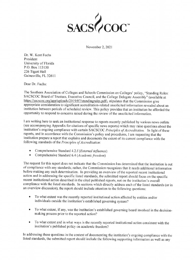 SACSCOC Letter To President Fuchs | PDF | Social Science | Self-Improvement