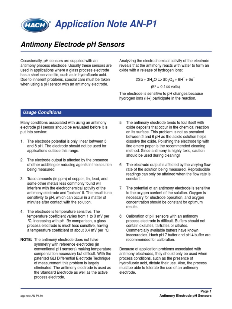 Application Note. Antimony Electrode PH Sensors | PDF | Ph | Buffer ...
