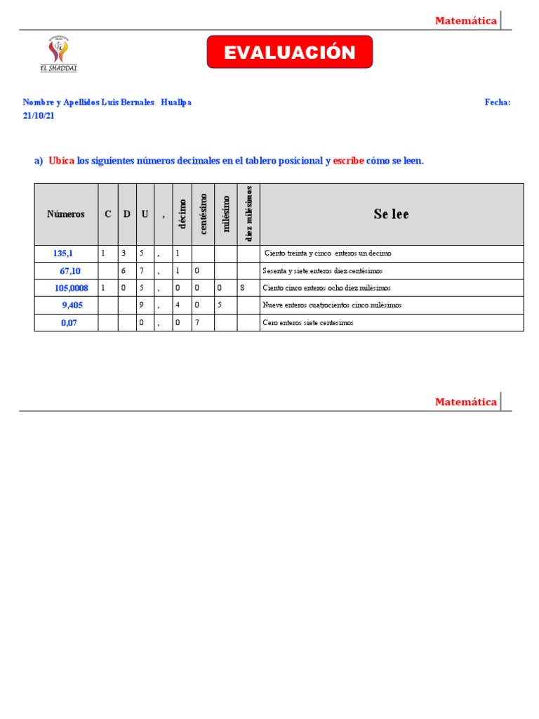 Evaluación de Números Decimales | PDF