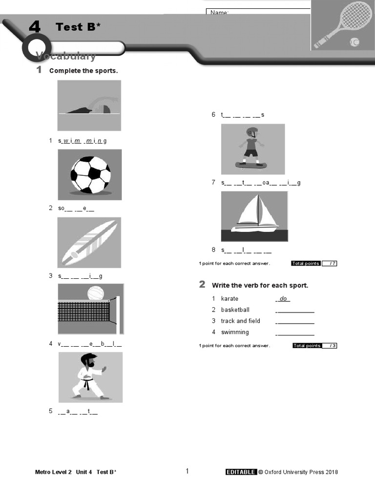 Metro Level 2 Unit 4 Test B One Star | PDF | Sports | Grammar