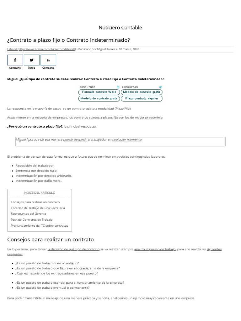 Contrato a Plazo Fijo vs Indeterminado | PDF