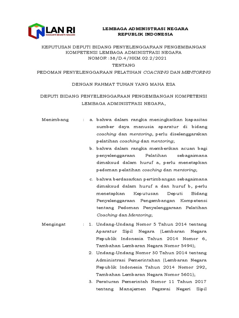SK Deputi IV - 38 - 2021 - Pedoman Pelatihan Coaching and Mentoring-OK | PDF