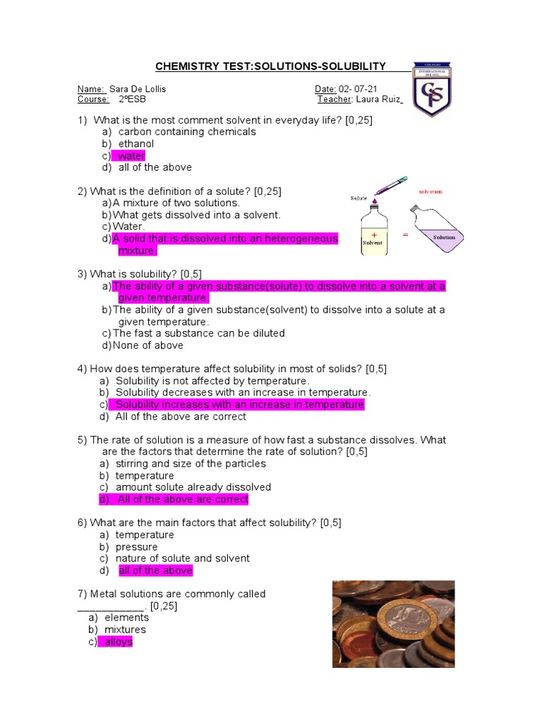 Chemistry Test for High Schoolers | PDF | Solution | Solubility