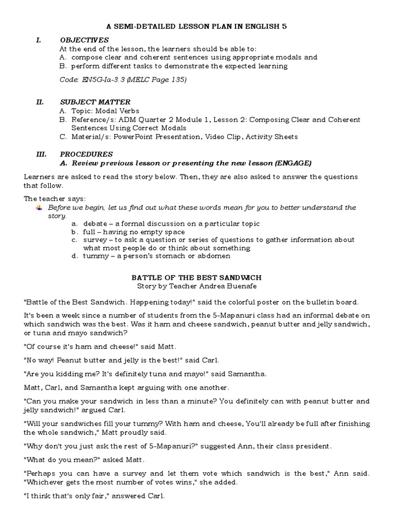 Lesson Plan in English 5 - Modal Verbs | PDF | Question | Verb