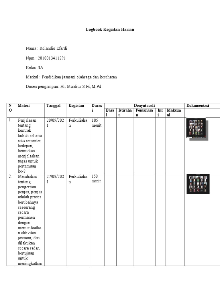 Logbook Kegiatan Harian PJOK, Rolandio Eferdi 20-291 | PDF