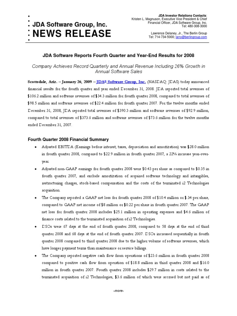 News Release: JDA Software Group, Inc | PDF | Earnings Before Interest ...