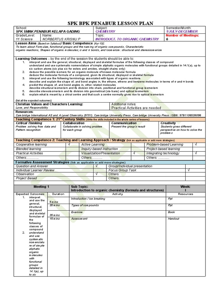 Organic Chemistry Lesson Plan for Grade 11 | PDF | Isomer | Functional ...