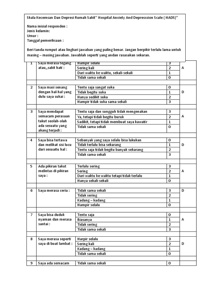 Skala Kecemasan dan Depresi HADS | PDF | Pengembangan Diri