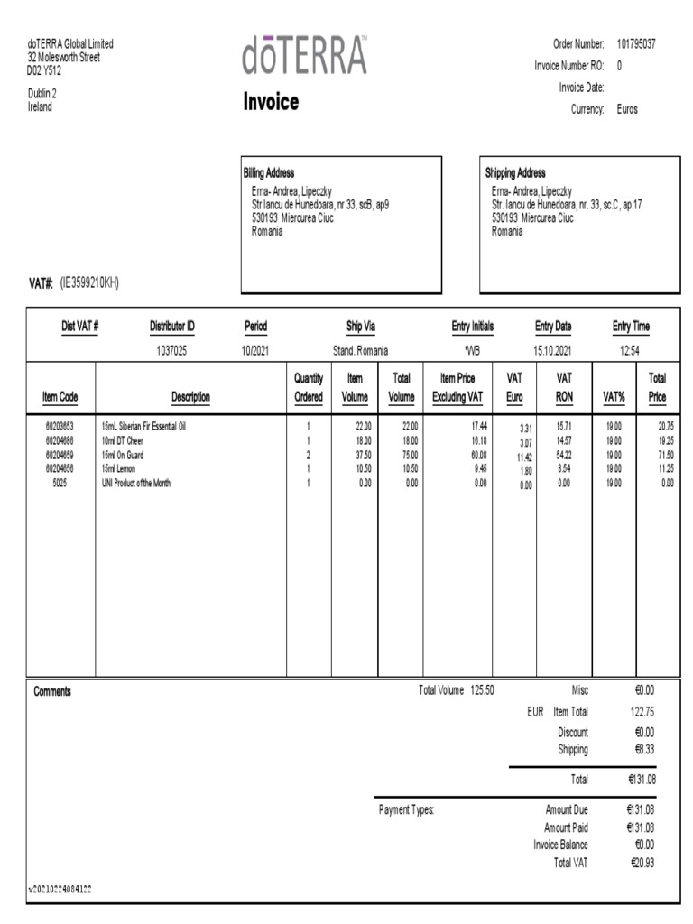 doTERRA Global Limited Order Receipt for Erna- Andrea Lipeczky | PDF ...