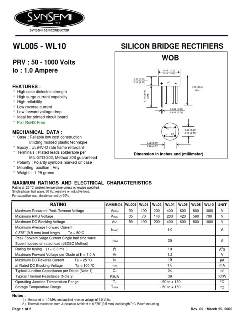 WL005 Silicon Bridge Rectifier Specs | PDF | Alternating Current ...
