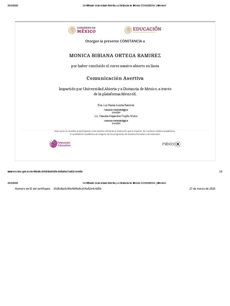 Certificado Universidad Abierta y A Distancia de México COAS20034X ...
