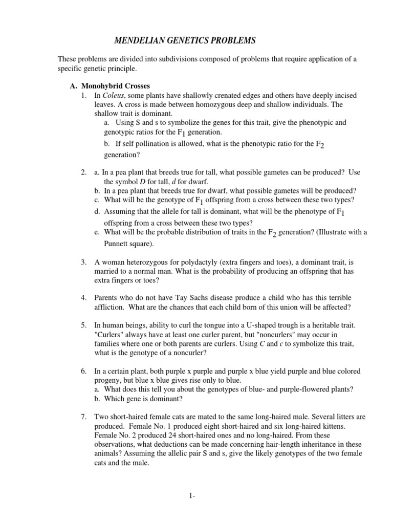 A. Monohybrid Crosses: Mendelian Genetics Problems | PDF | Genotype ...