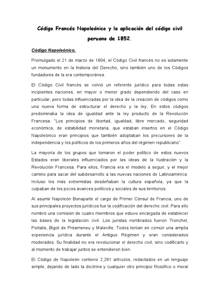 Código Francés Napoleónico y La Aplicación Del Código Civil Peruano de ...