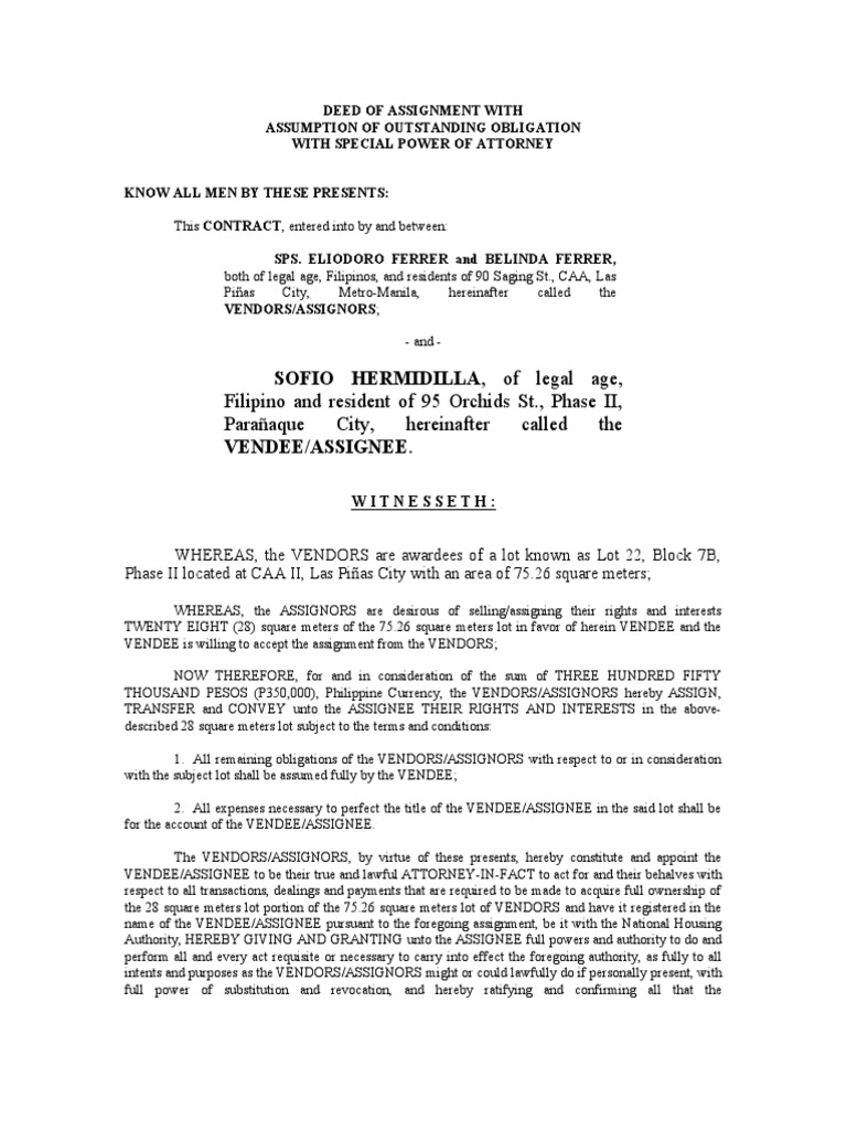 Deed of Assignment With Assumption of Outstanding Obligation | PDF ...