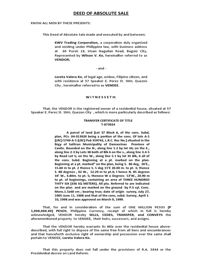 Deed of Absolute Sale | PDF | Assignment (Law) | Business Law