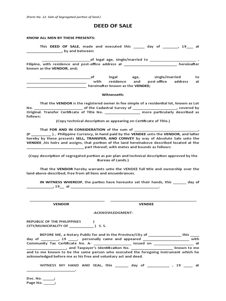 Deed of Sale for Segregated Land Portion | PDF | Deed | Law And Economics
