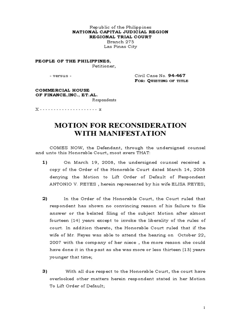 Motion For Reconsideration (In The Order of Default) | Download Free PDF | Lawsuit | Separation ...