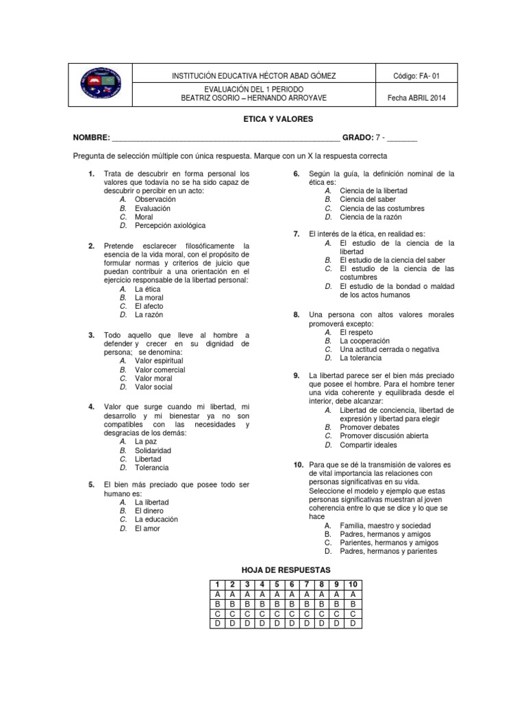 Cuestionario de Opcion Multiple | PDF | Moralidad | Libertad