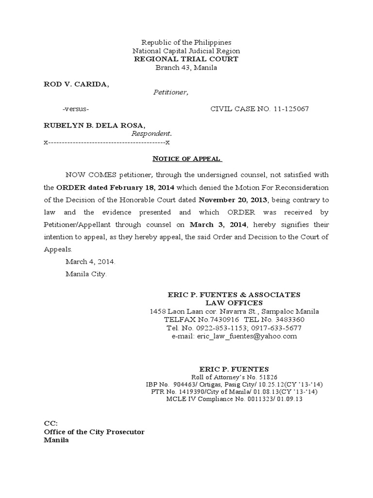 Notice of Appeal | PDF | Affidavit | Appeal