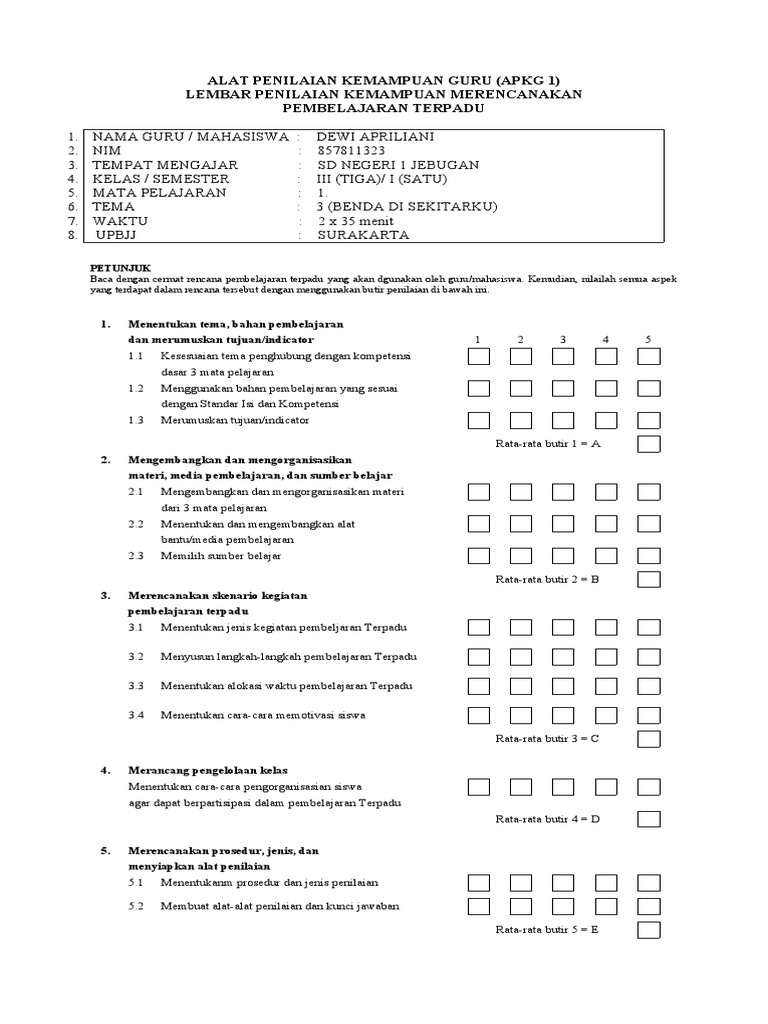 APKG 1 Dan 2 Pembelajaran Terpadu | PDF | Karier & Perkembangan | Seni