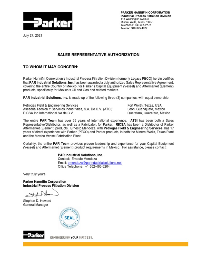 PAR Industrial Solutions-Authorization Letter 7-27-2021 | PDF ...