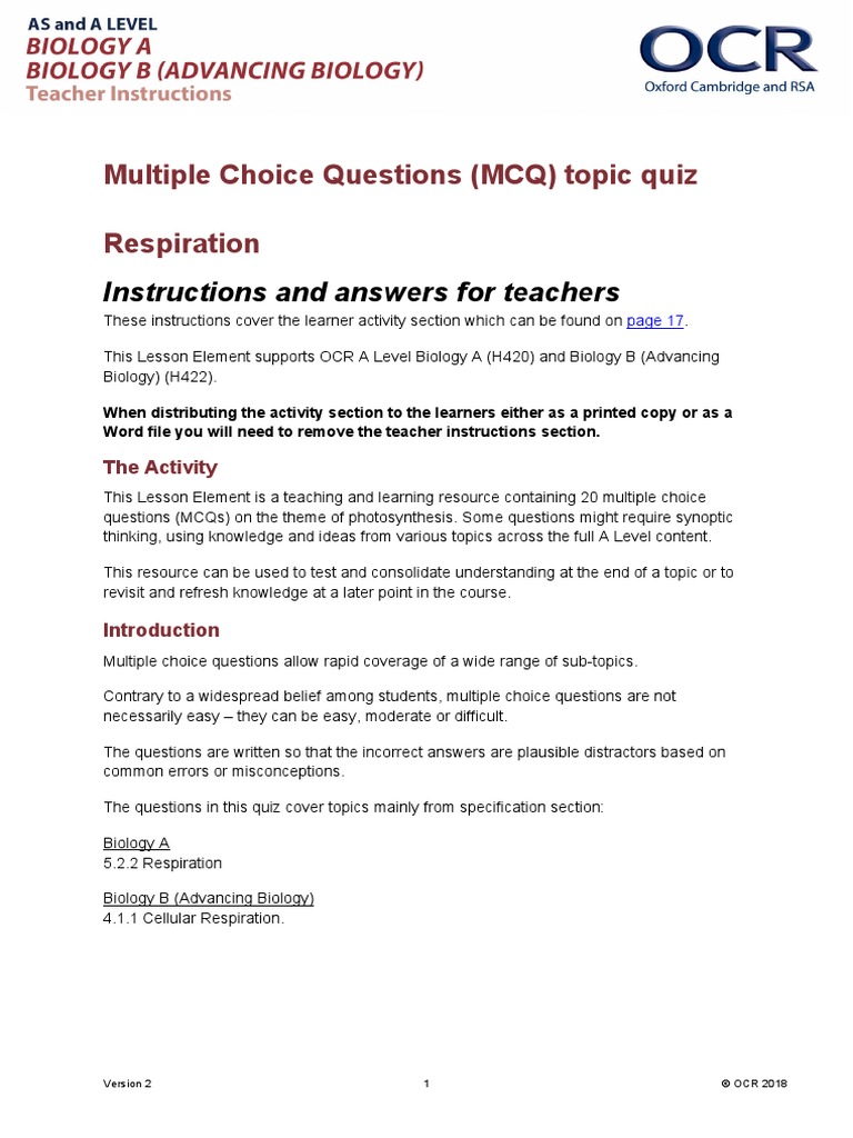 Multiple Choice Questions (MCQ) Topic Quiz Respiration: Instructions ...