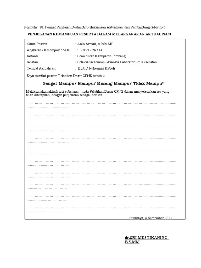Formulir 10 FORM PENILAIAN AKTUALISASI MENTOR | PDF