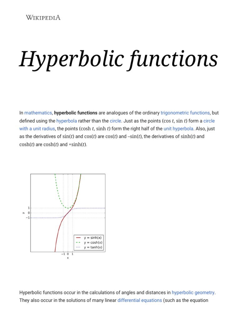 Hyperbolic Functions - Wikipedia | PDF | Trigonometric Functions | Sine Hyperbolic Functions - Wikipedia | PDF | Trigonometric Functions | Sine
