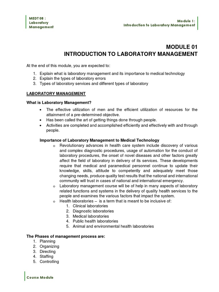 Module 01 - Introduction To Laboratory Management | PDF | Pathology ...