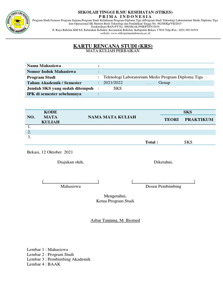 Template KRS Prodi D3 TLM Matkul Perbaikan | PDF