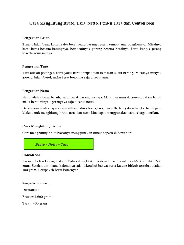 Cara Menghitung Bruto, Tara, Netto, Persen Tara Dan Contoh Soal by Arif ...