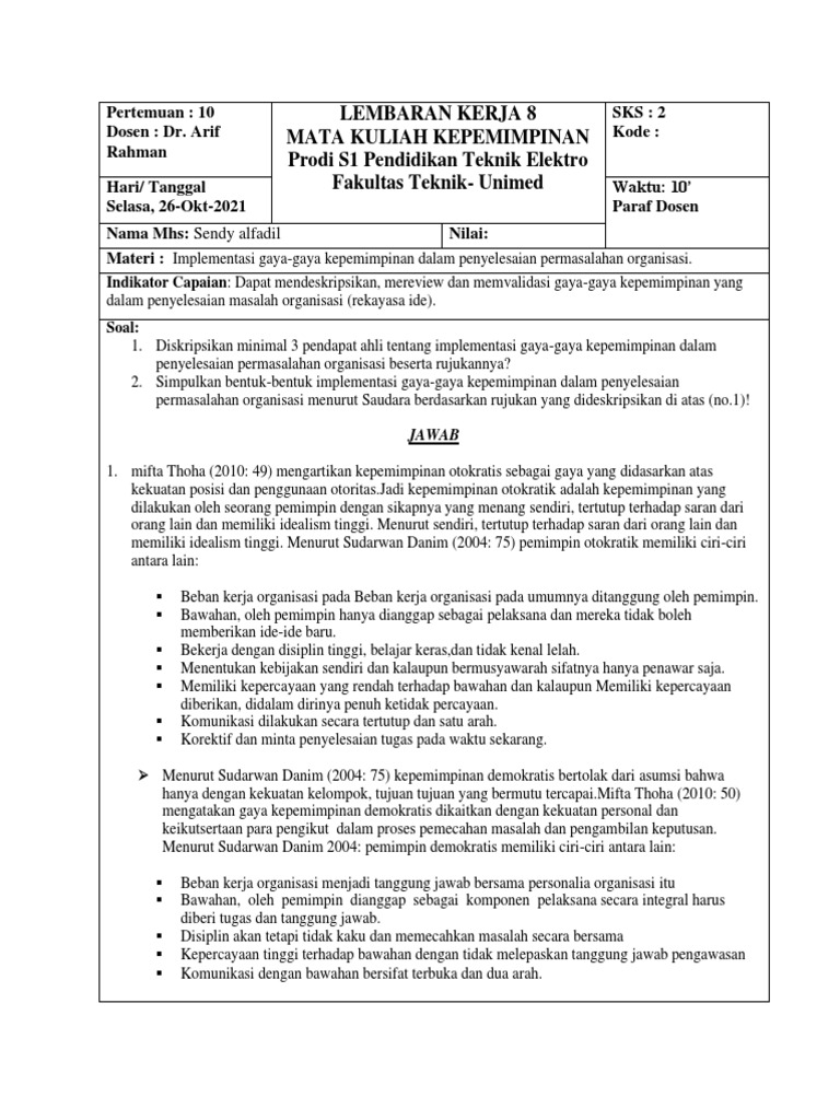 LK-8 KEPEMIMPINAN - Sendyalfadil | PDF