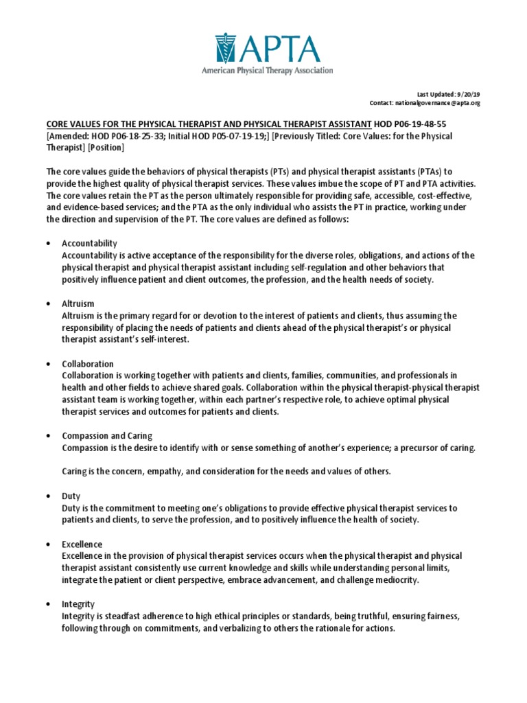 APTA - Core Values Endorsement | PDF | Physical Therapy | Psychotherapy