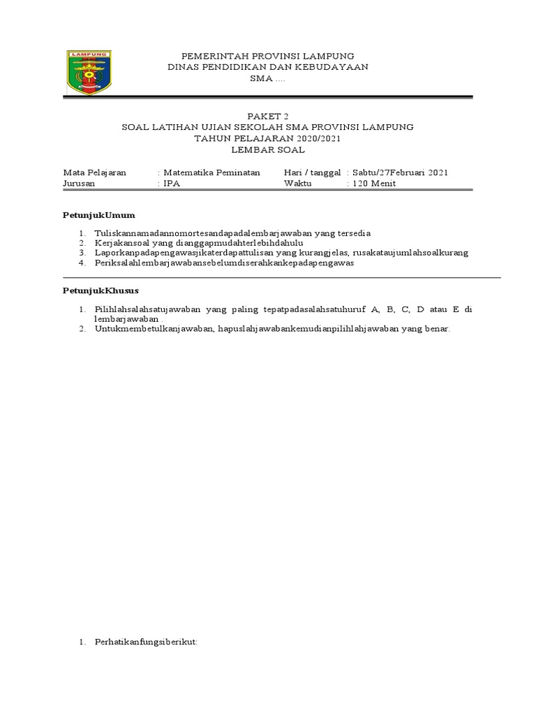 SOAL LUS MATEMATIKA PEMINATAN SMA 2021 Paket 2 | PDF | Metode & Bahan Ajar