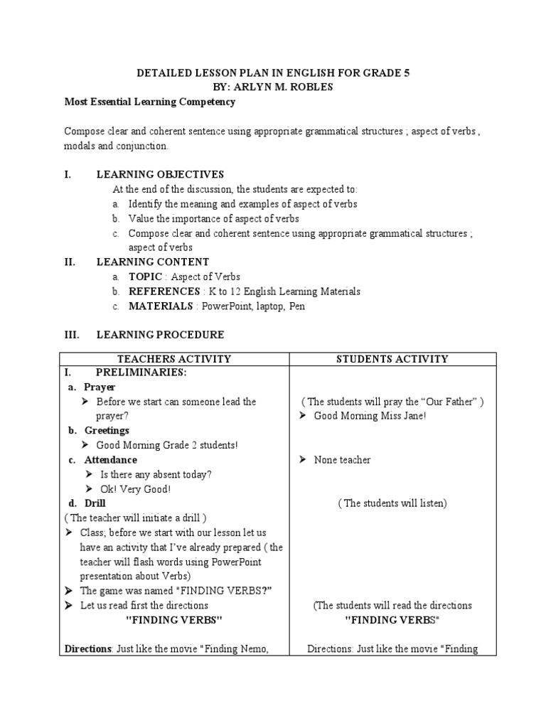 Detailed Lesson Plan on Aspects of Verbs for Fifth Grade Students | PDF ...