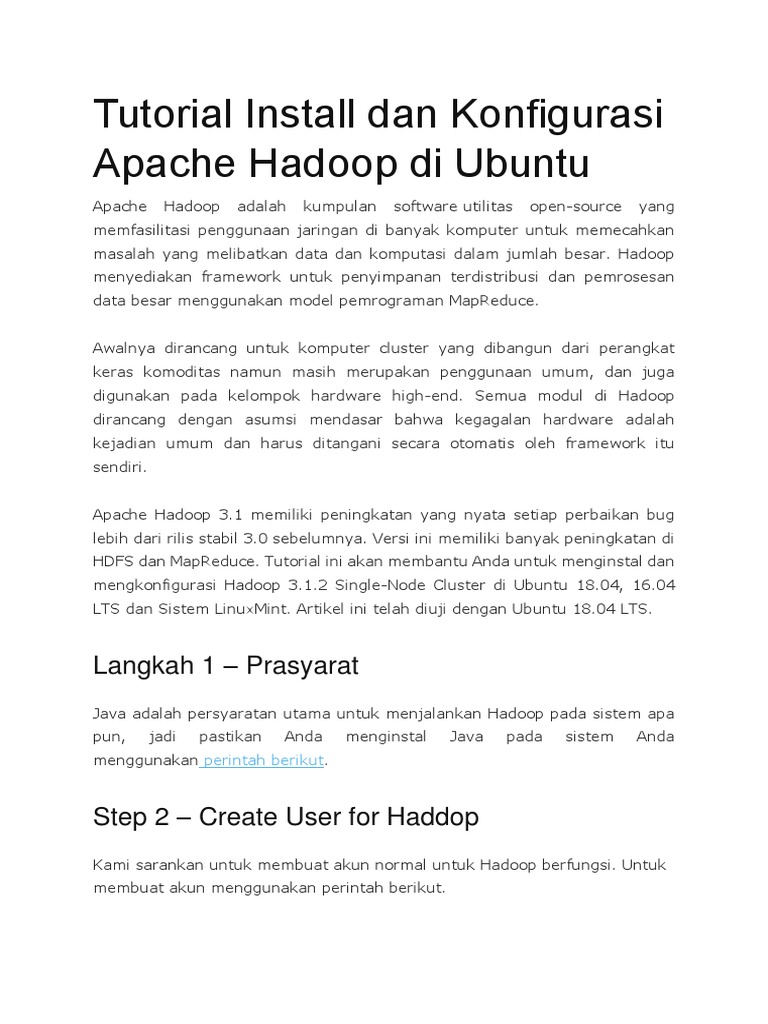 Tutorial Install Dan Konfigurasi Apache Hadoop Di Ubuntu | PDF | Komputer