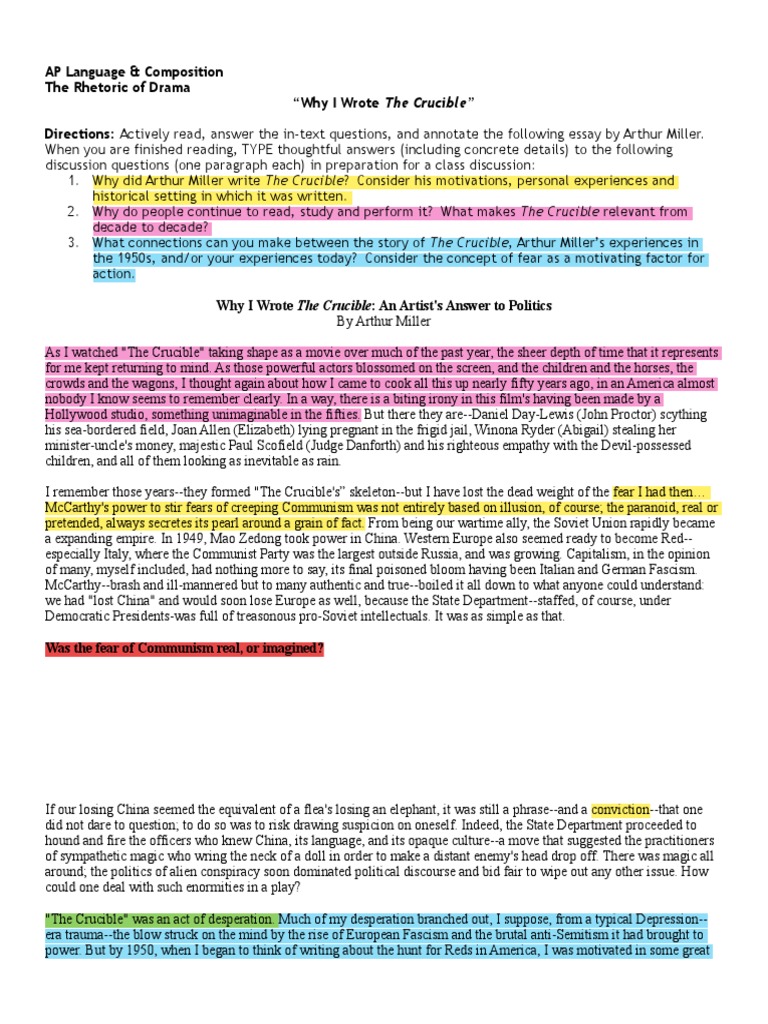 Miller's Motivations for Writing The Crucible | PDF | History | General ...