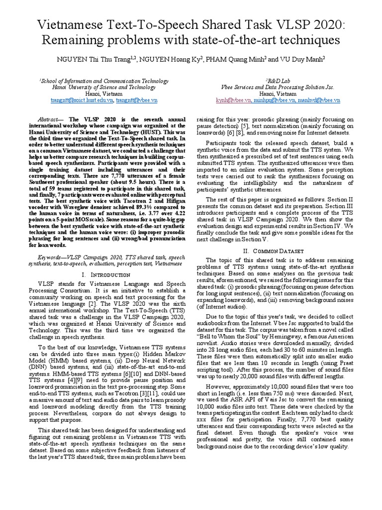 Vietnamese Text-To-Speech Shared Task VLSP 2020: Remaining Problems With State-Of-The-Art ...