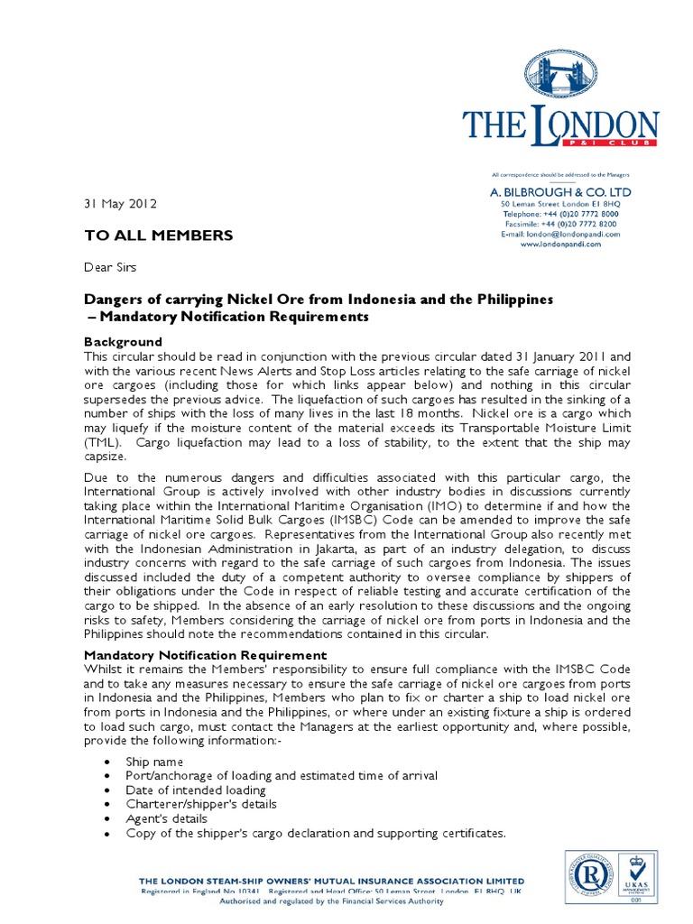 Mandatory Notification Circular May 2012 | PDF | Cargo | Safety