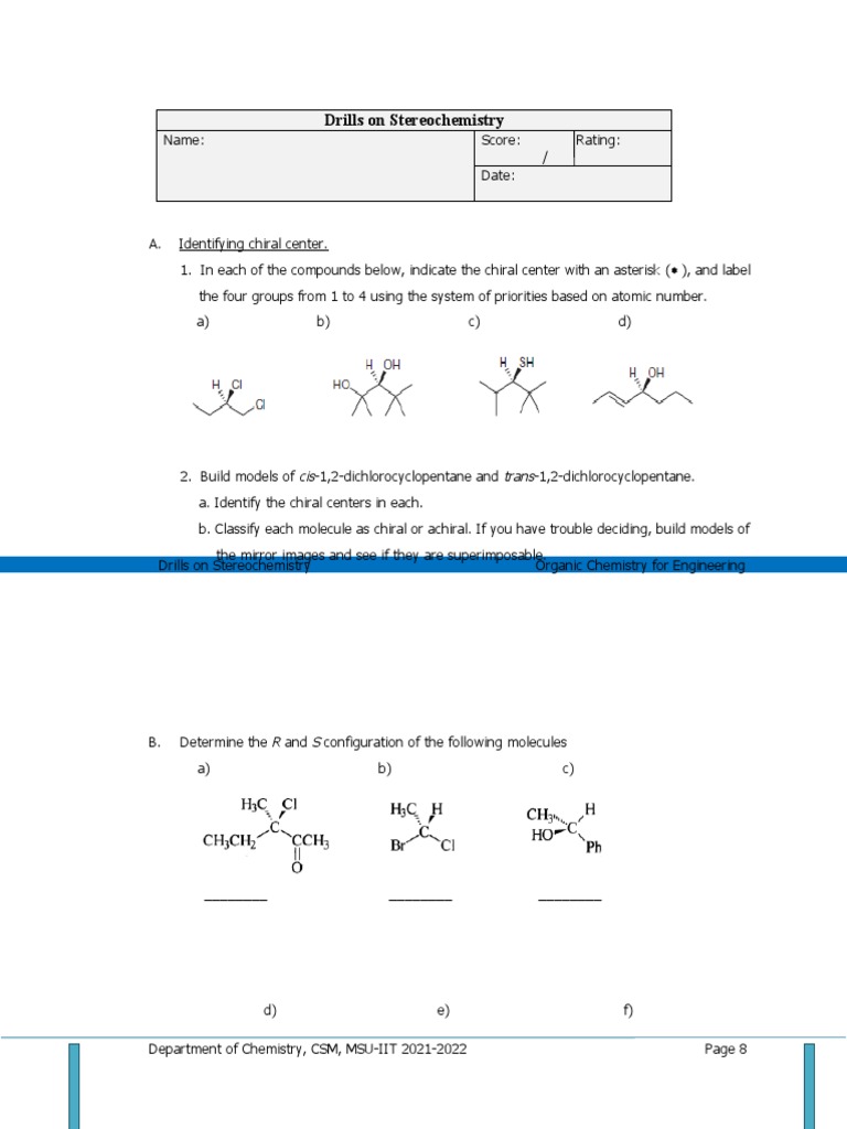 Drill - Stereochemistry 2018 | PDF | Chirality (Chemistry) | Space